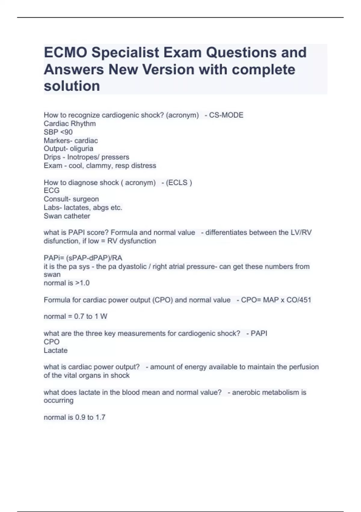 ECMO Specialist Exam Questions and Answers New Version with complete ...