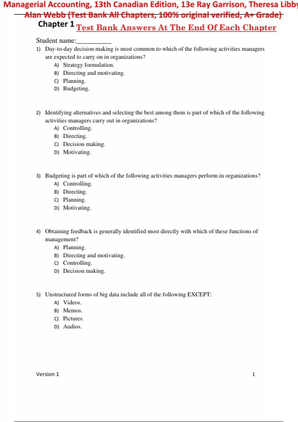 Managerial Accounting 13th Canadian Edition By Ray Garrison, Theresa Libby, Alan Webb (Solutions ...