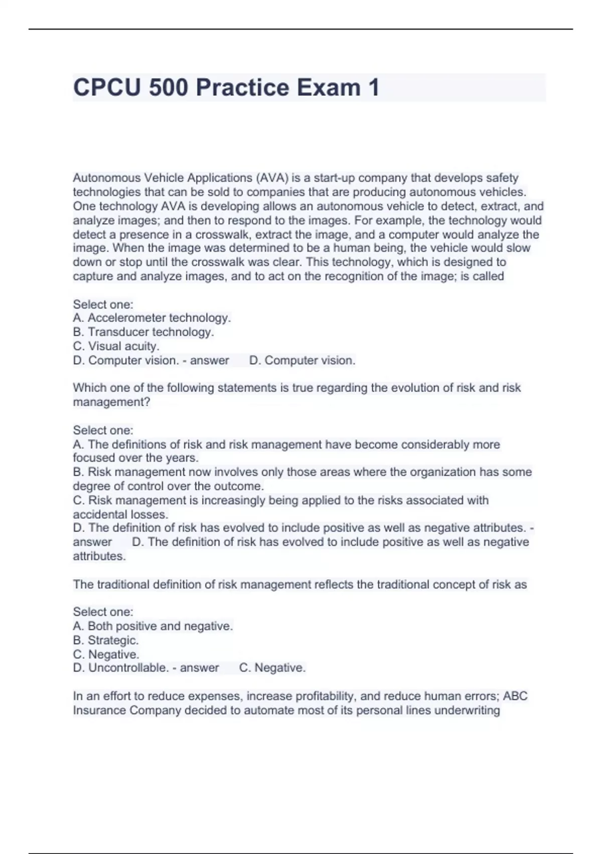 CPCU 500 Practice Exam 1 Questions and Answers 100% correct 2023 - Cpcu - Stuvia US