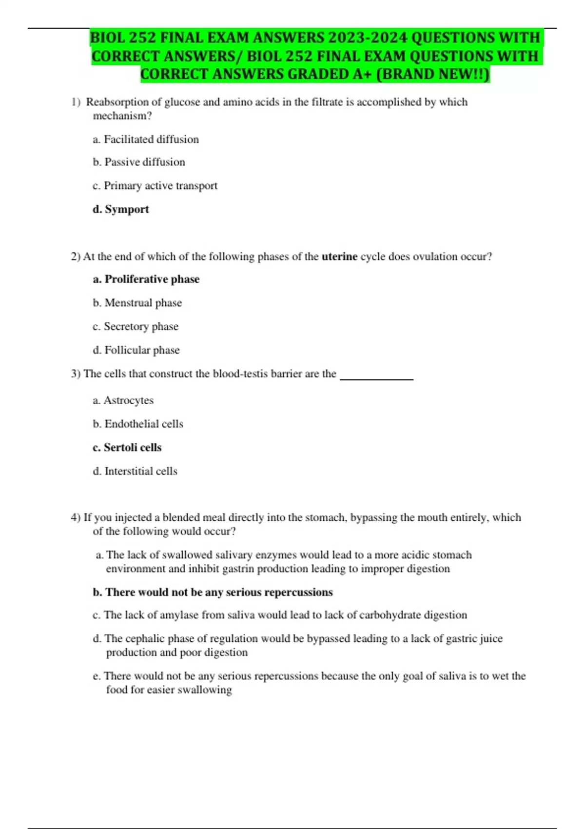 BIOL 252 FINAL EXAM ANSWERS QUESTIONS WITH CORRECT ANSWERS/ BIOL 252 ...