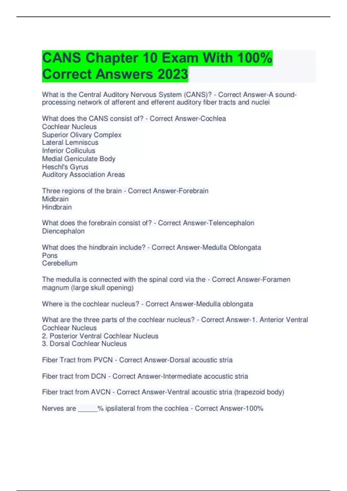 CANS Chapter 10 Exam With 100% Correct Answers - CANS - Stuvia US