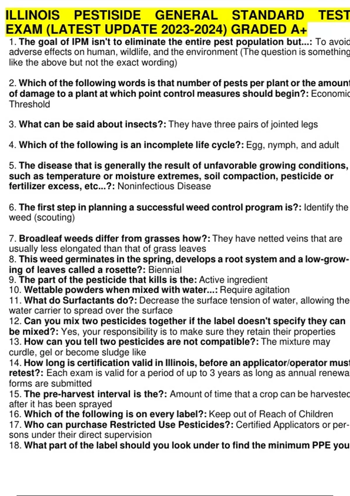 ILLINOIS PESTISIDE GENERAL STANDARD TEST EXAM (LATEST UPDATE ) GRADED ...