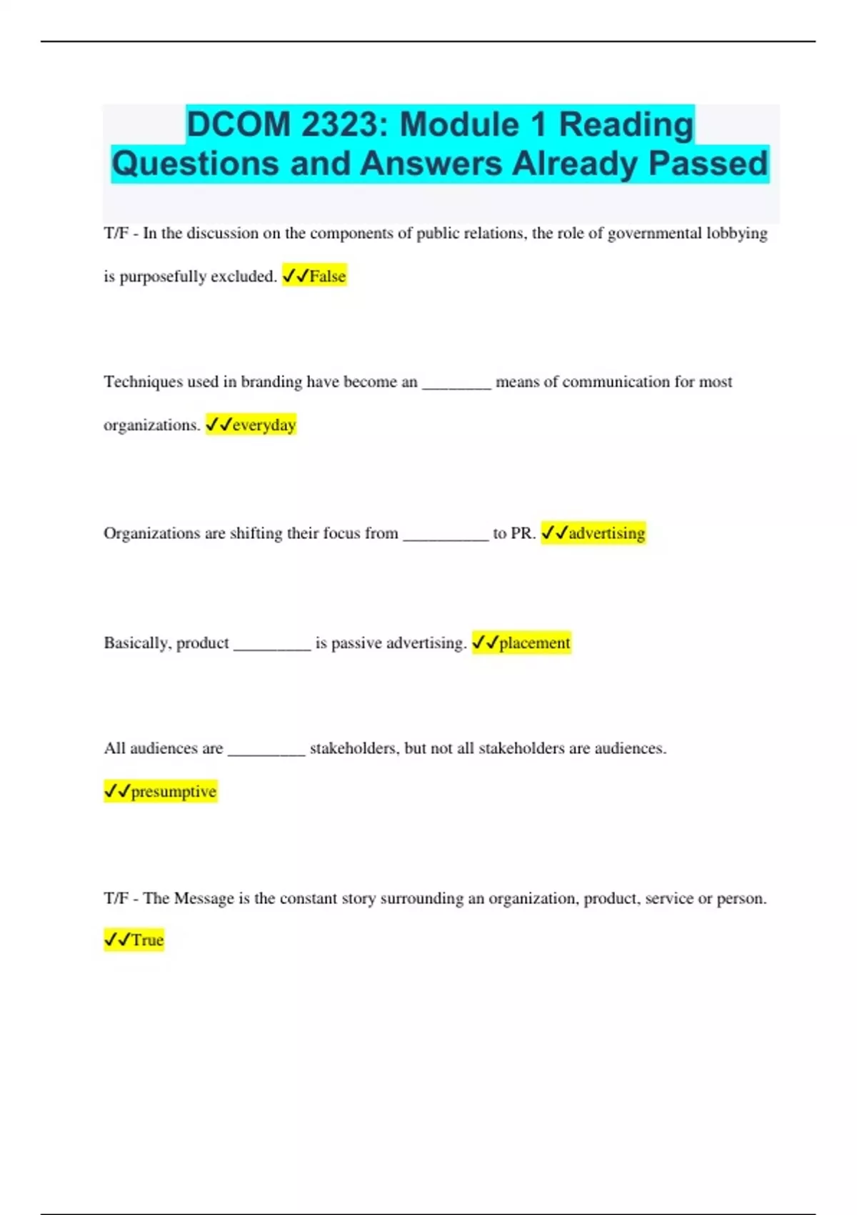 DCOM 2323: Module 1 Reading Questions and Answers Already Passed - DCOM 2323: - Stuvia US