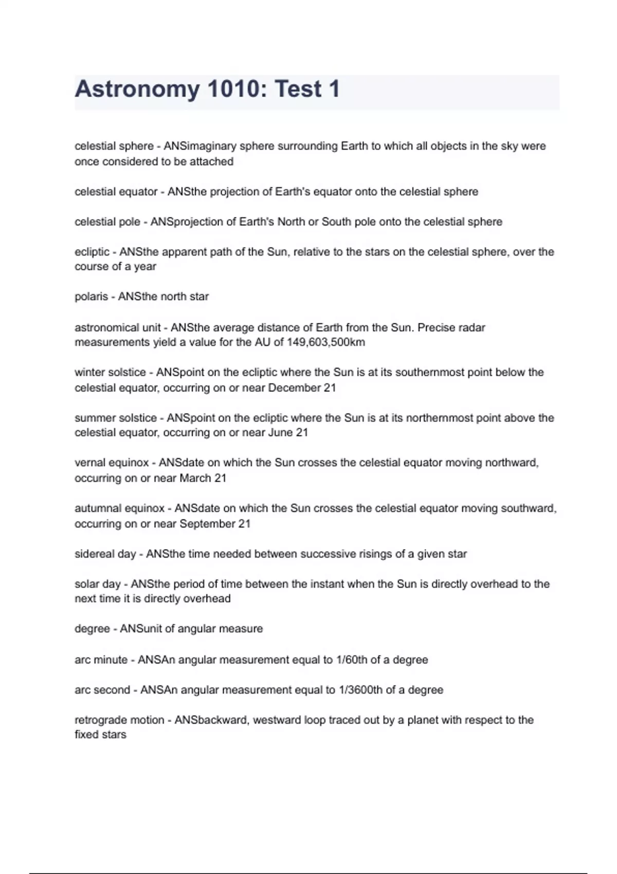 Astronomy 1010: Test 1 already graded A+ 2023/2024 - ASTR 1010 - Stuvia US