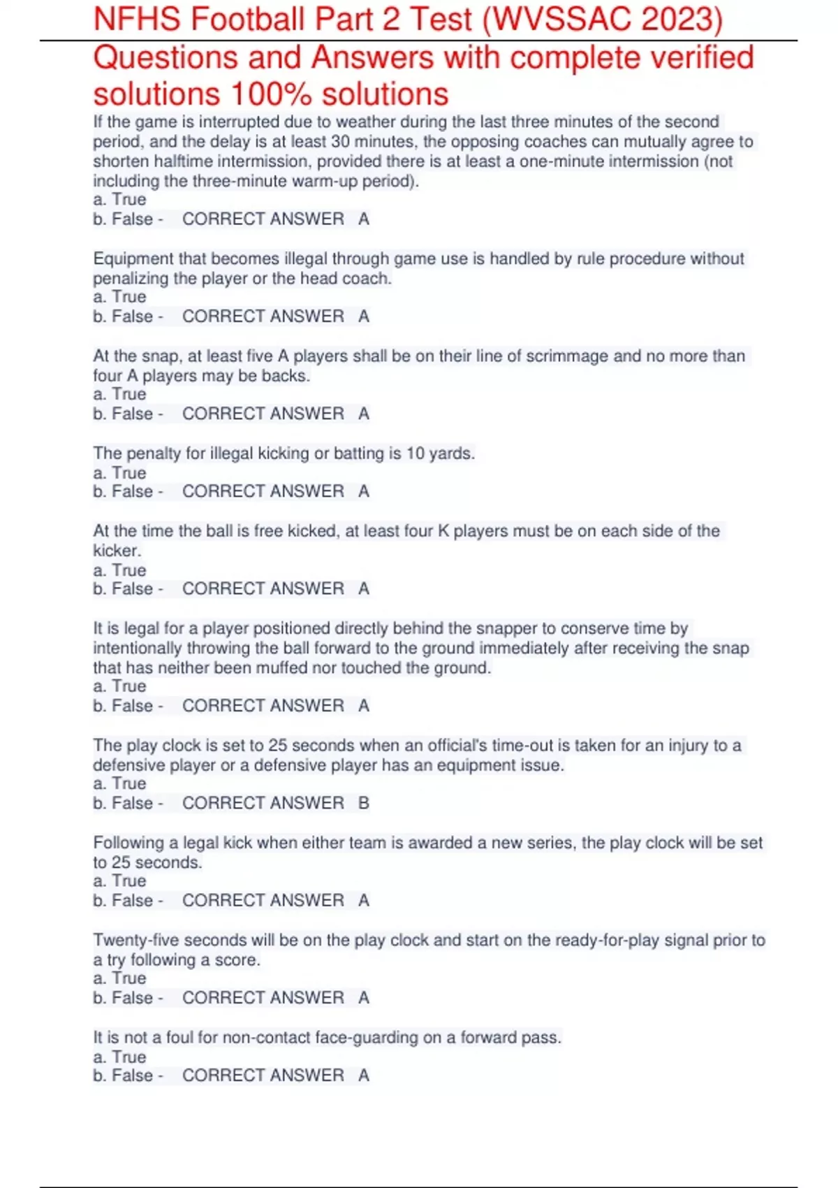Nfhs Football Part 2 Test Wvssac 2023 Questions And Answers With