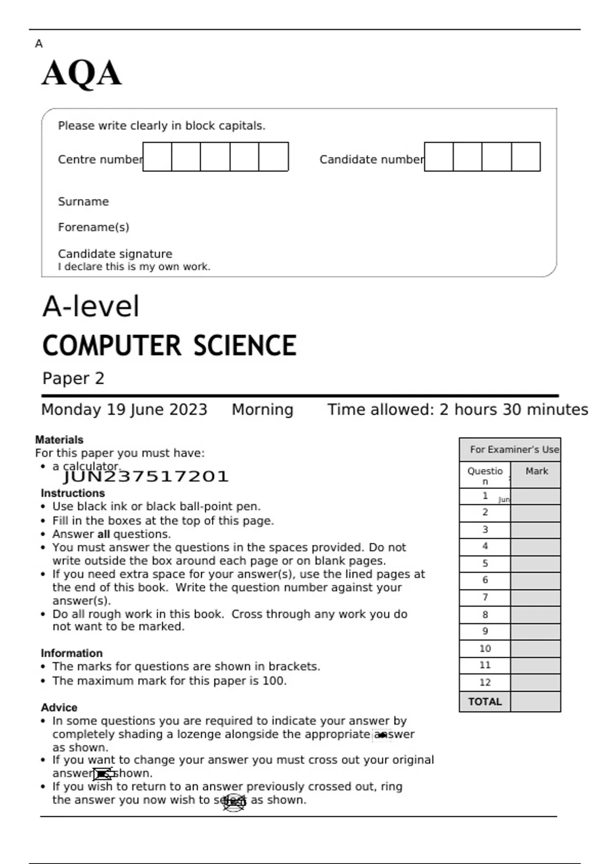 AQA A-level COMPUTER SCIENCE Paper 2 JUNE 2023 QUESTION PAPER - A-level COMPUTER SCIENCE - Stuvia US