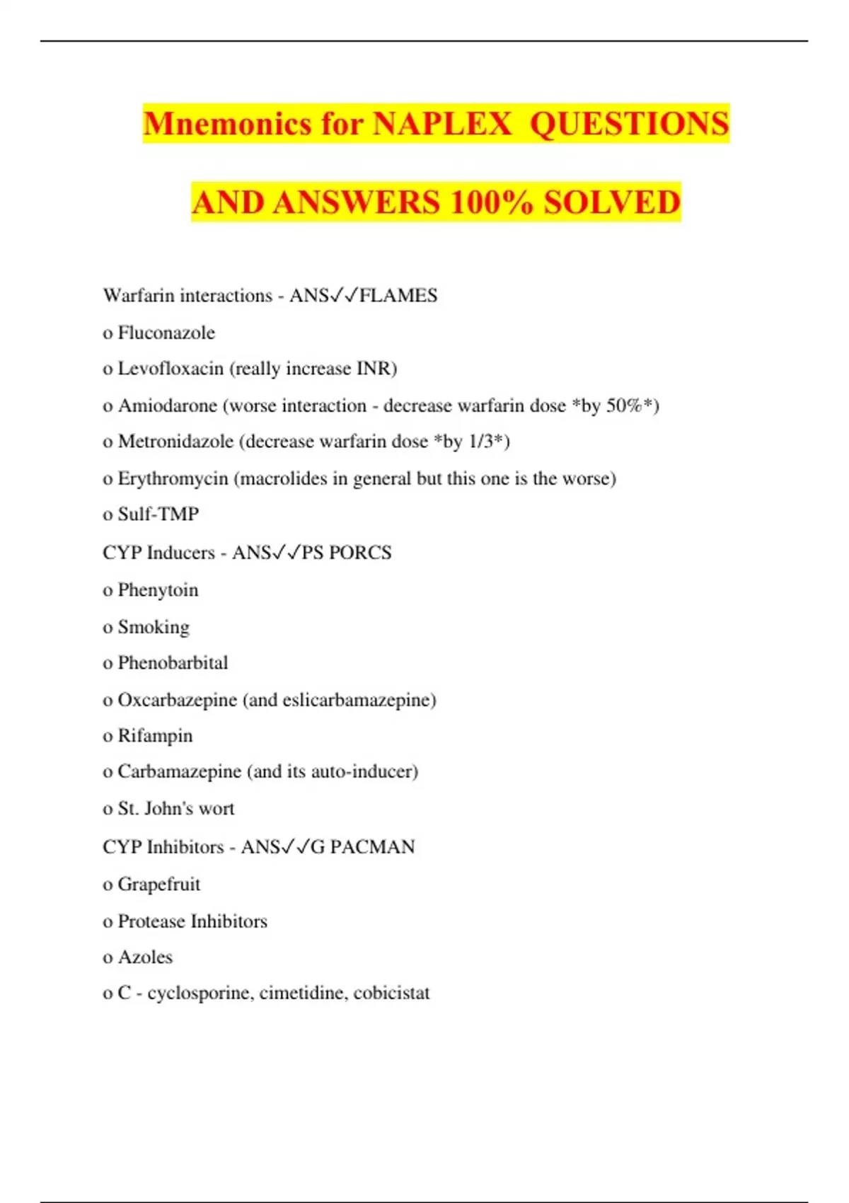 Mnemonics for NAPLEX QUESTIONS AND ANSWERS 100% SOLVED - NAPLEX - Stuvia US