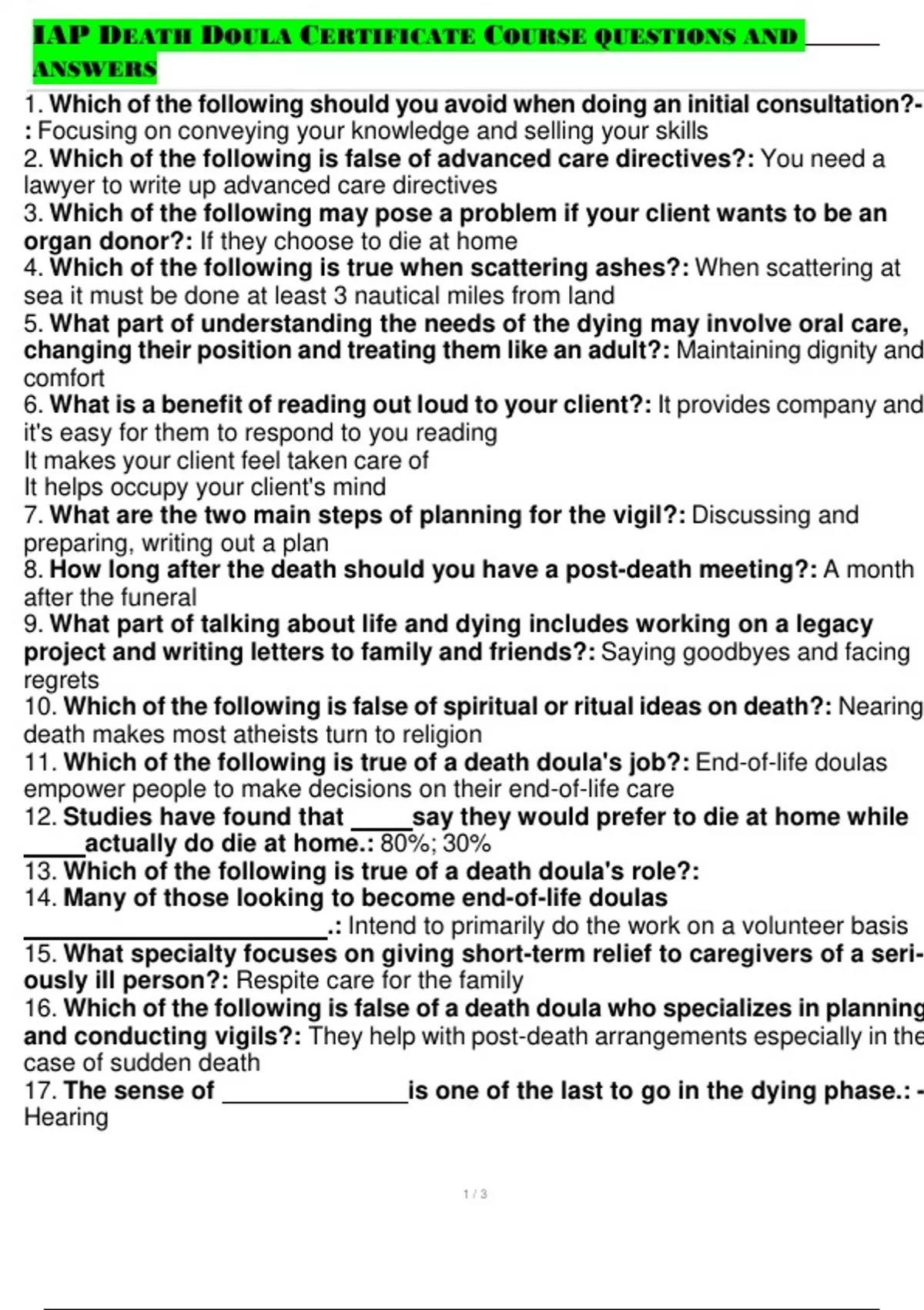 IAP DEATH DOULA CERTIFICATE COURSE QUESTIONS AND ANSWERS - IAP - Stuvia US