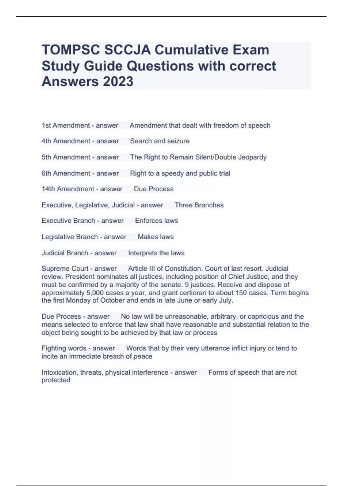 TOMPSC SCCJA Cumulative Exam Study Guide Questions with correct Answers 2023 - SCCJA - Stuvia US