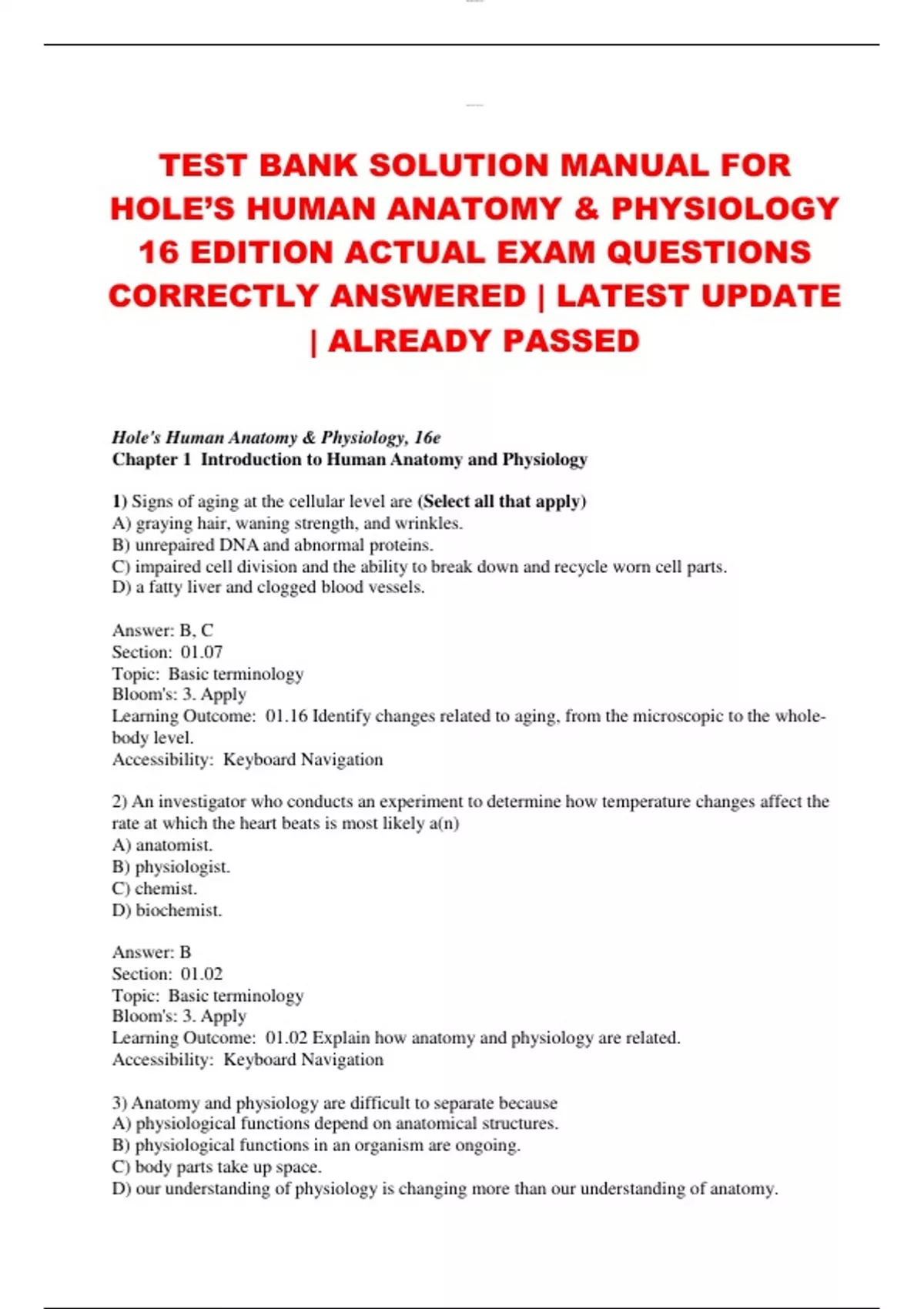 TEST BANK SOLUTION MANUAL FOR HOLE’S HUMAN ANATOMY & PHYSIOLOGY 16 ...