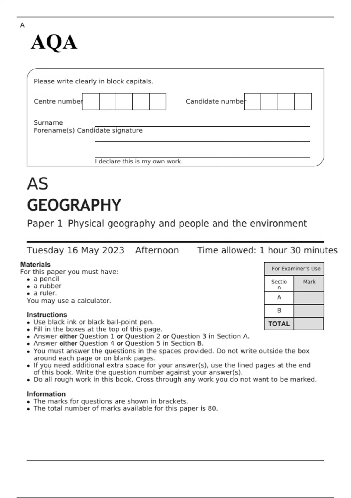 AQA AS GEOGRAPHY Paper 1 JUNE 2023 QUESTION PAPER: Physical geography ...