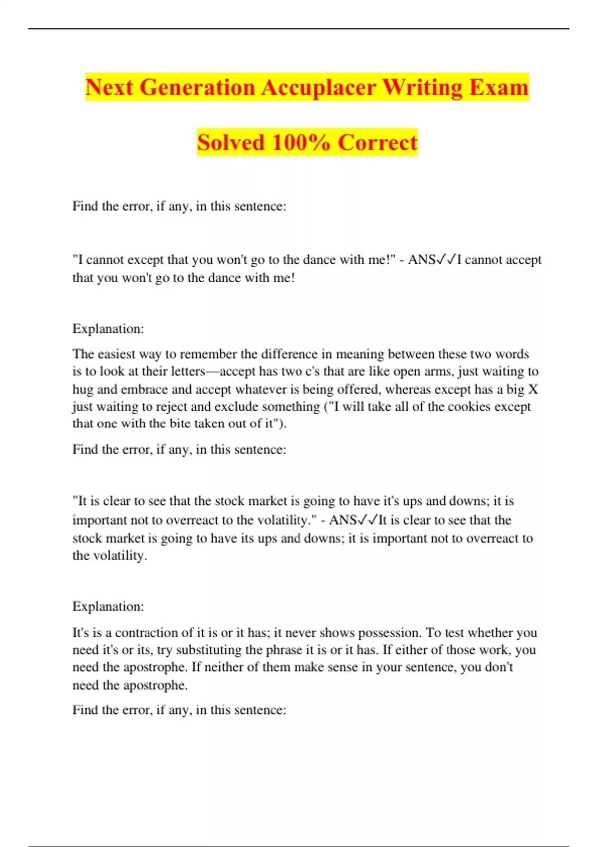 Next Generation Accuplacer Writing Exam Solved 100 Correct Accuplacer Stuvia Us