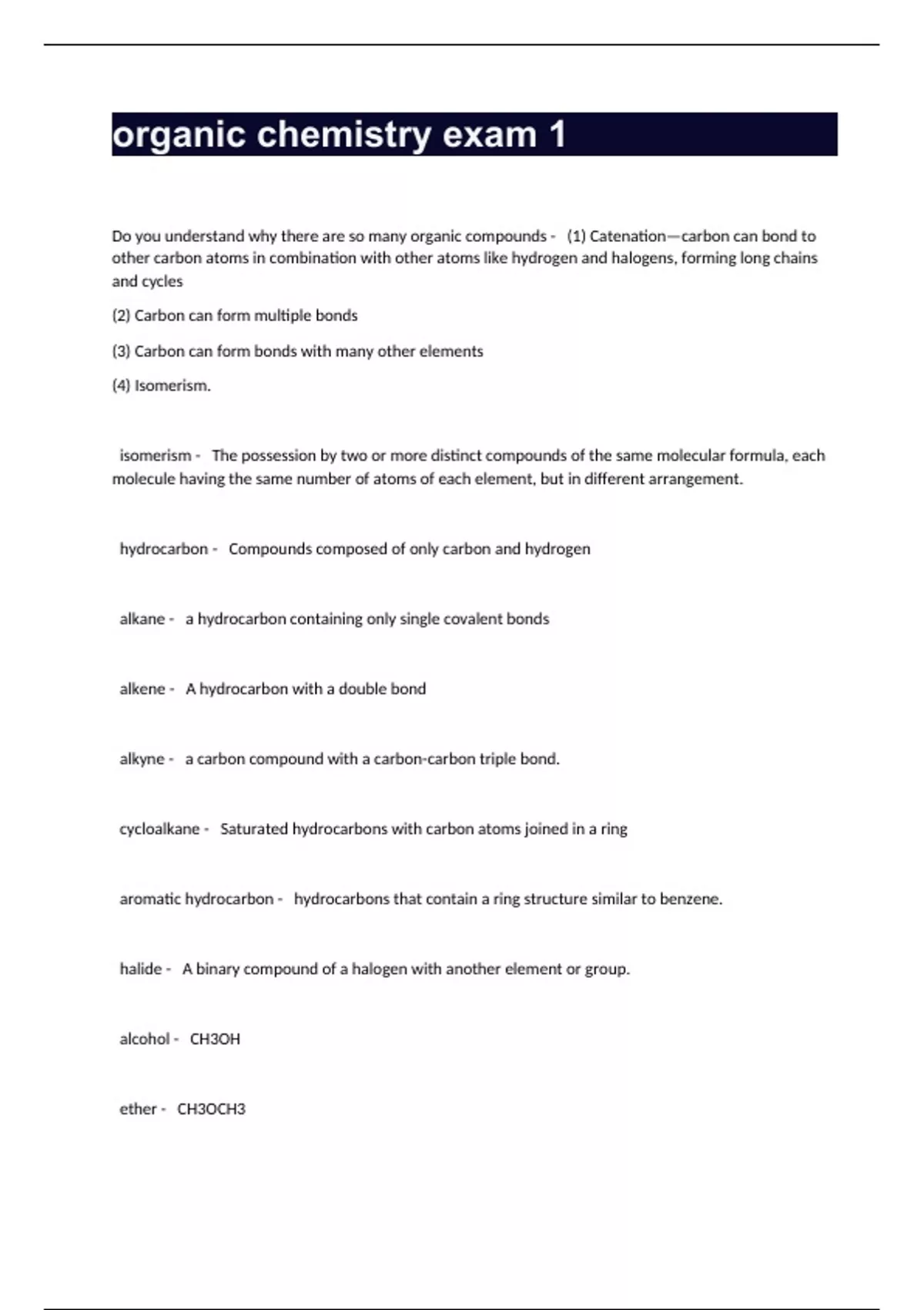 organic chemistry exam 1 - Organic chemistry - Stuvia US
