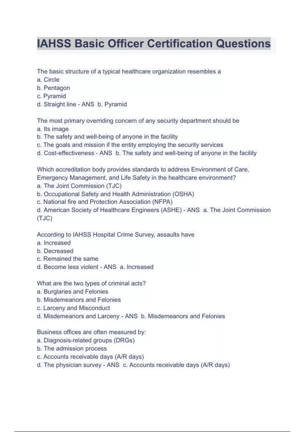 IAHSS Basic Officer Certification Questions(Study Questions And Answers ...