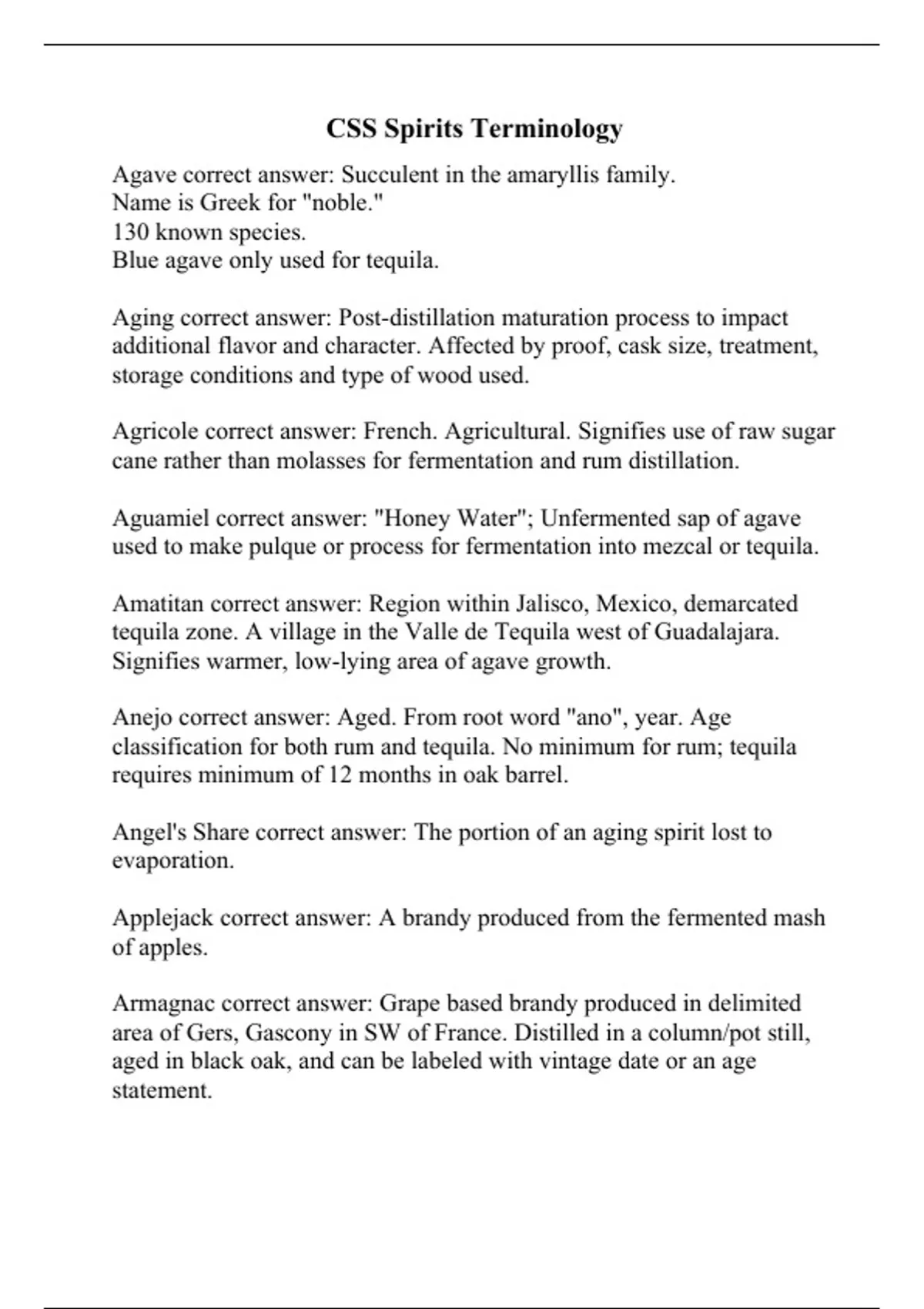 CSS Spirits Terminology Questions With Complete Solutions - Certified Specialist of Spirits ...