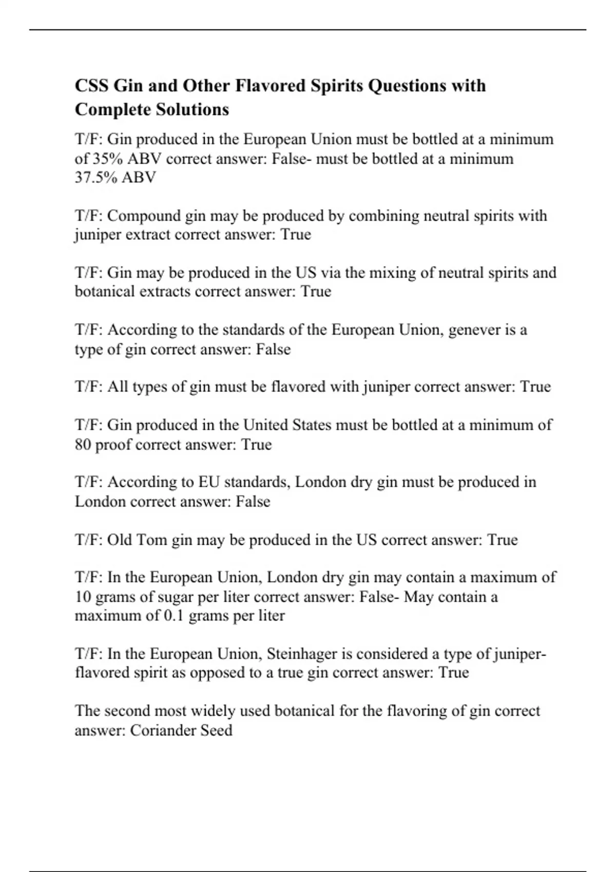 CSS Gin and Other Flavored Spirits Questions with Complete Solutions. - Certified Specialist of ...