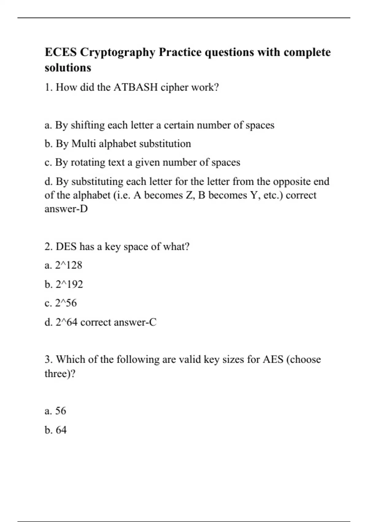 ECES Cryptography Practice questions with complete solutions - WGU C839 - Stuvia US