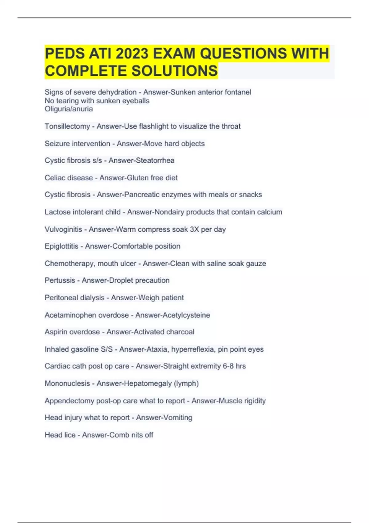 PEDS ATI 2023 EXAM QUESTIONS WITH COMPLETE SOLUTIONS - PEDS ATI - Stuvia US