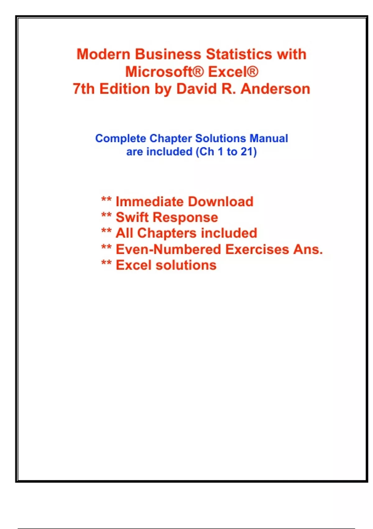 Solutions for Modern Business Statistics with Microsoft® Excel®, 7th Edition Anderson (All ...