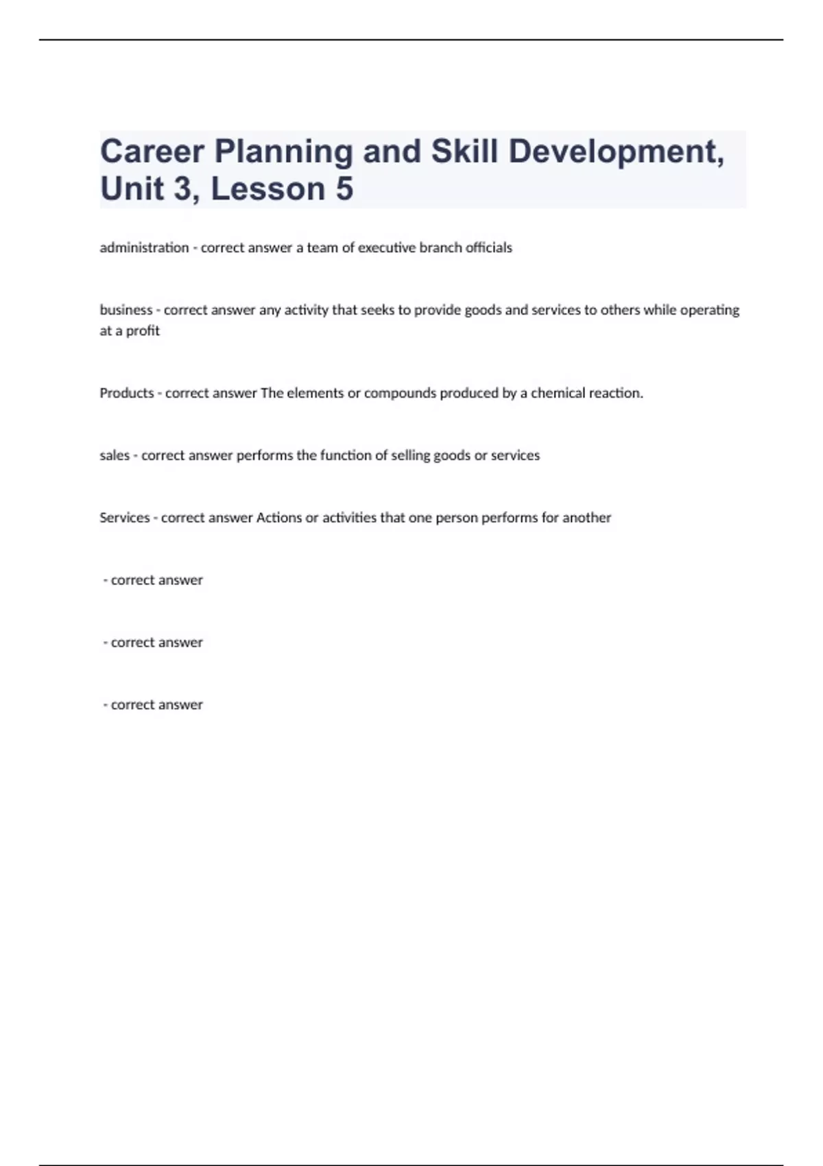 Career Planning and Skill Development, Unit 3, Lesson 5 Question and ...