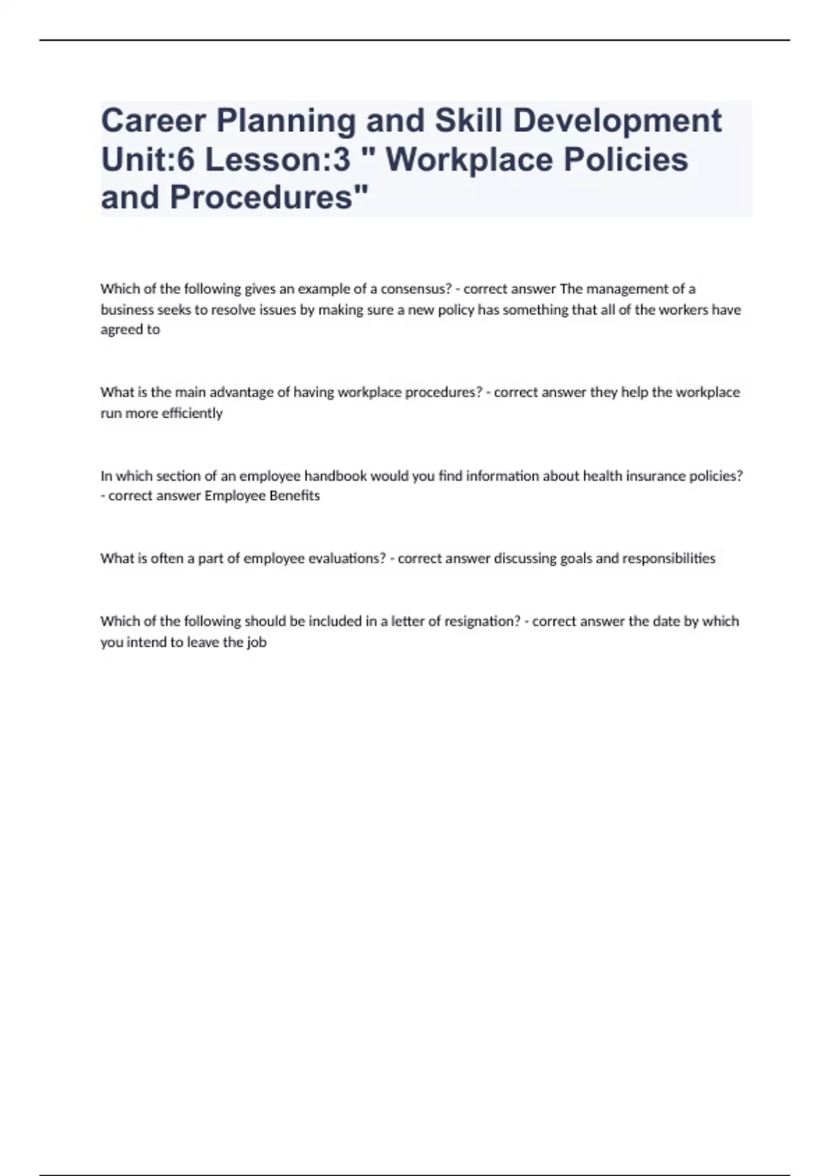 Career Planning and Skill Development Unit 6 Lesso 3 Workplace Policies ...