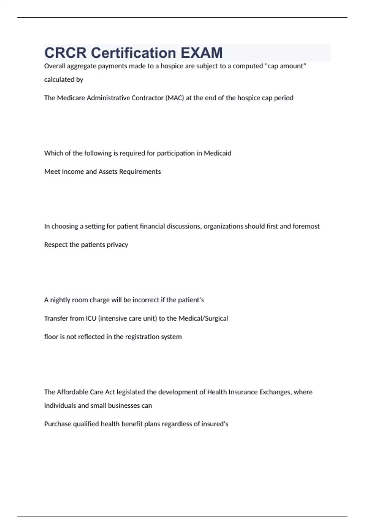 CRCR Certification exam with actual questions and answers 2023/2024 ...