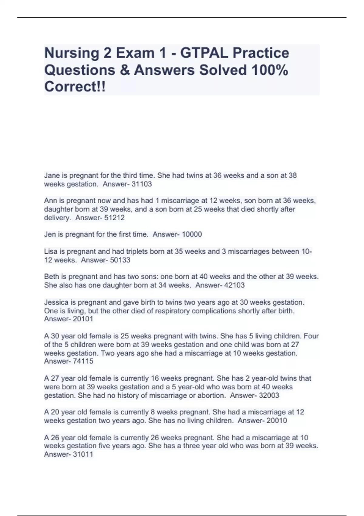 Nursing 2 Exam 1 - GTPAL Practice Questions & Answers Solved 100% Correct!! - GTPAL - Stuvia US