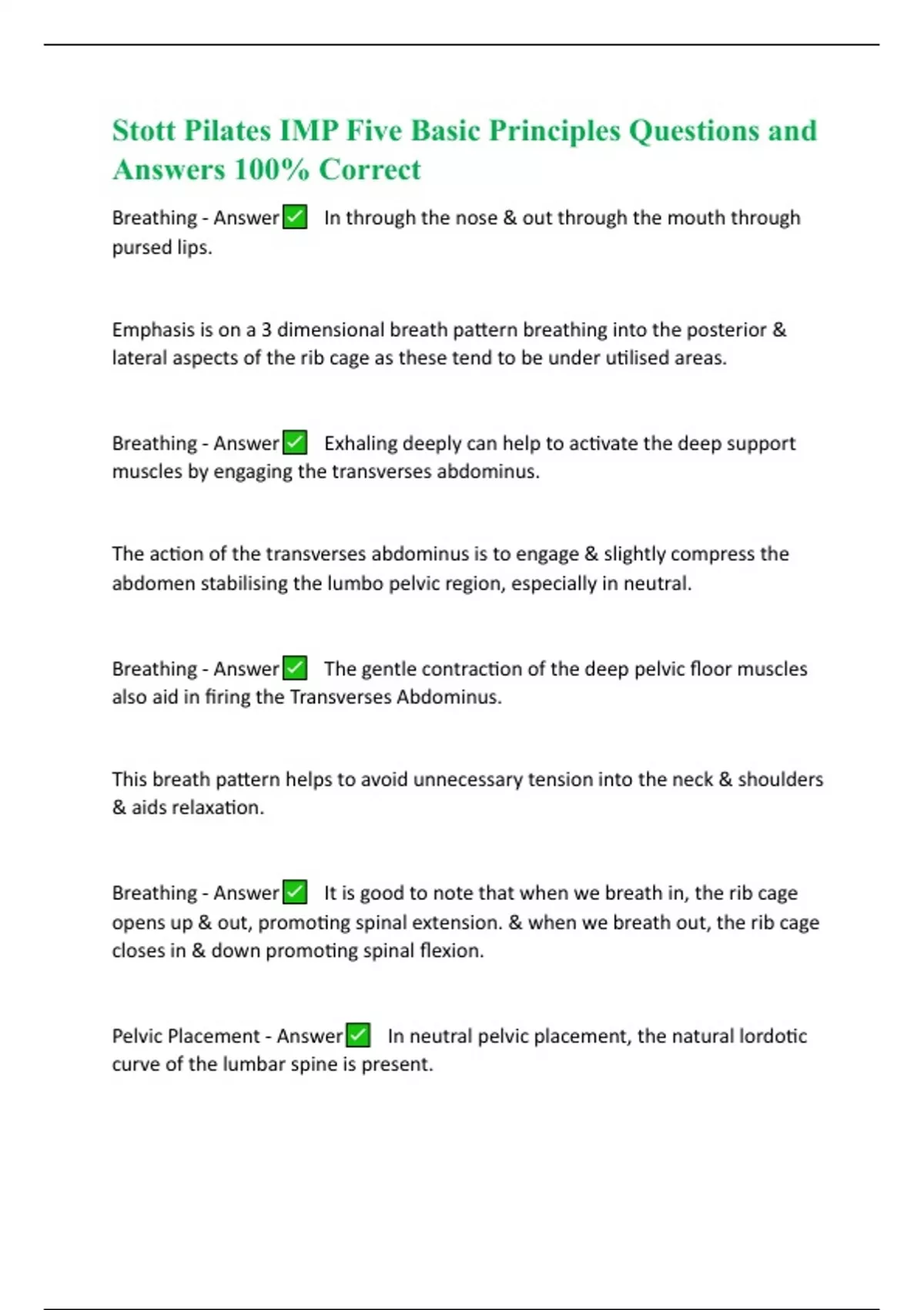 Stott Pilates IMP Five Basic Principles Questions and Answers 100% ...