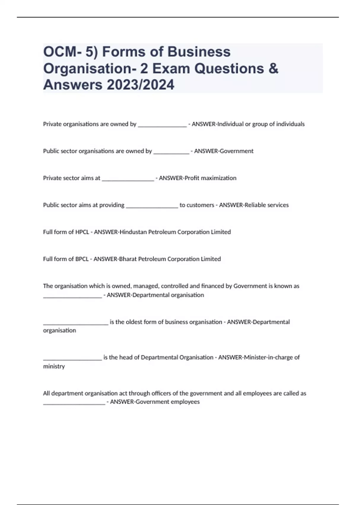 OCM- 5) Forms of Business Organisation- 2 Exam Questions & Answers 2023 ...