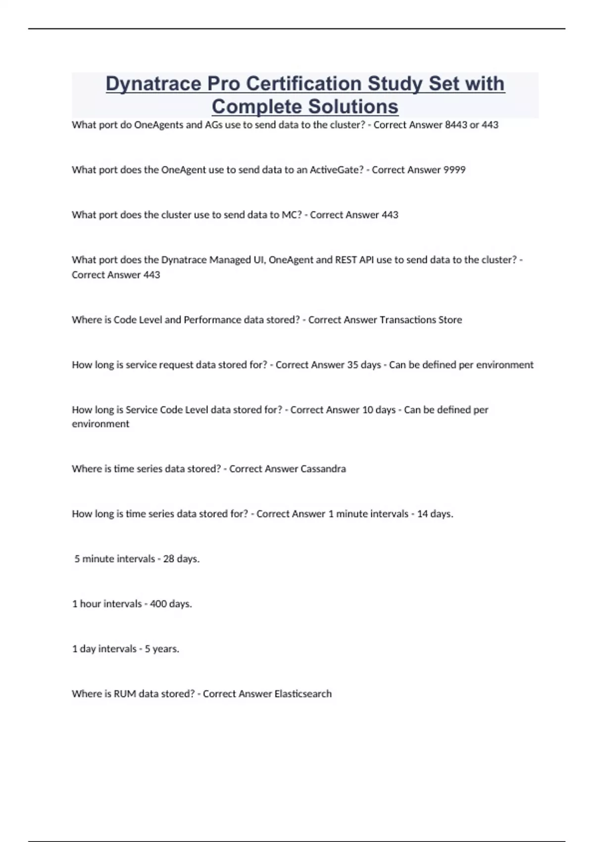 Dynatrace Pro Certification Study Set with Complete Solutions - Dynatrace professional ...