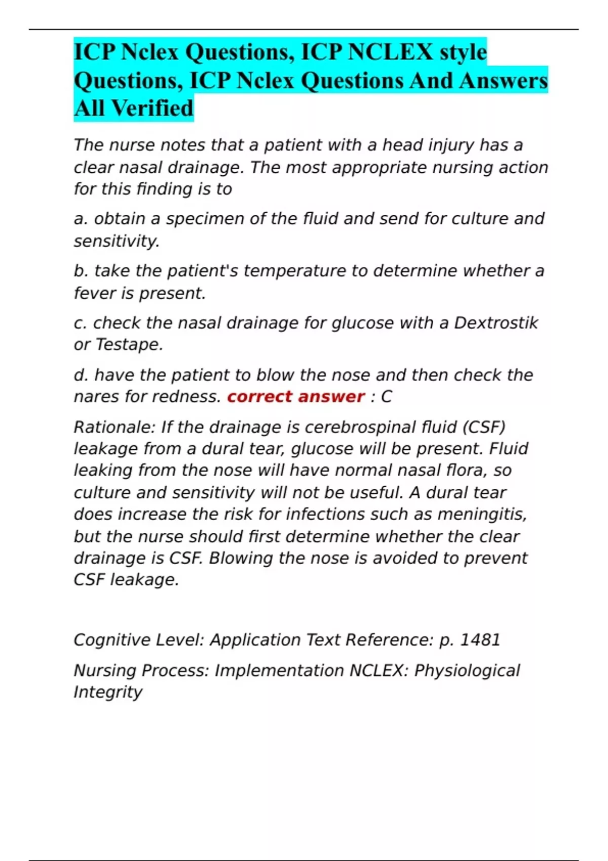 ICP Nclex Questions, ICP NCLEX style Questions, ICP Nclex Questions And ...