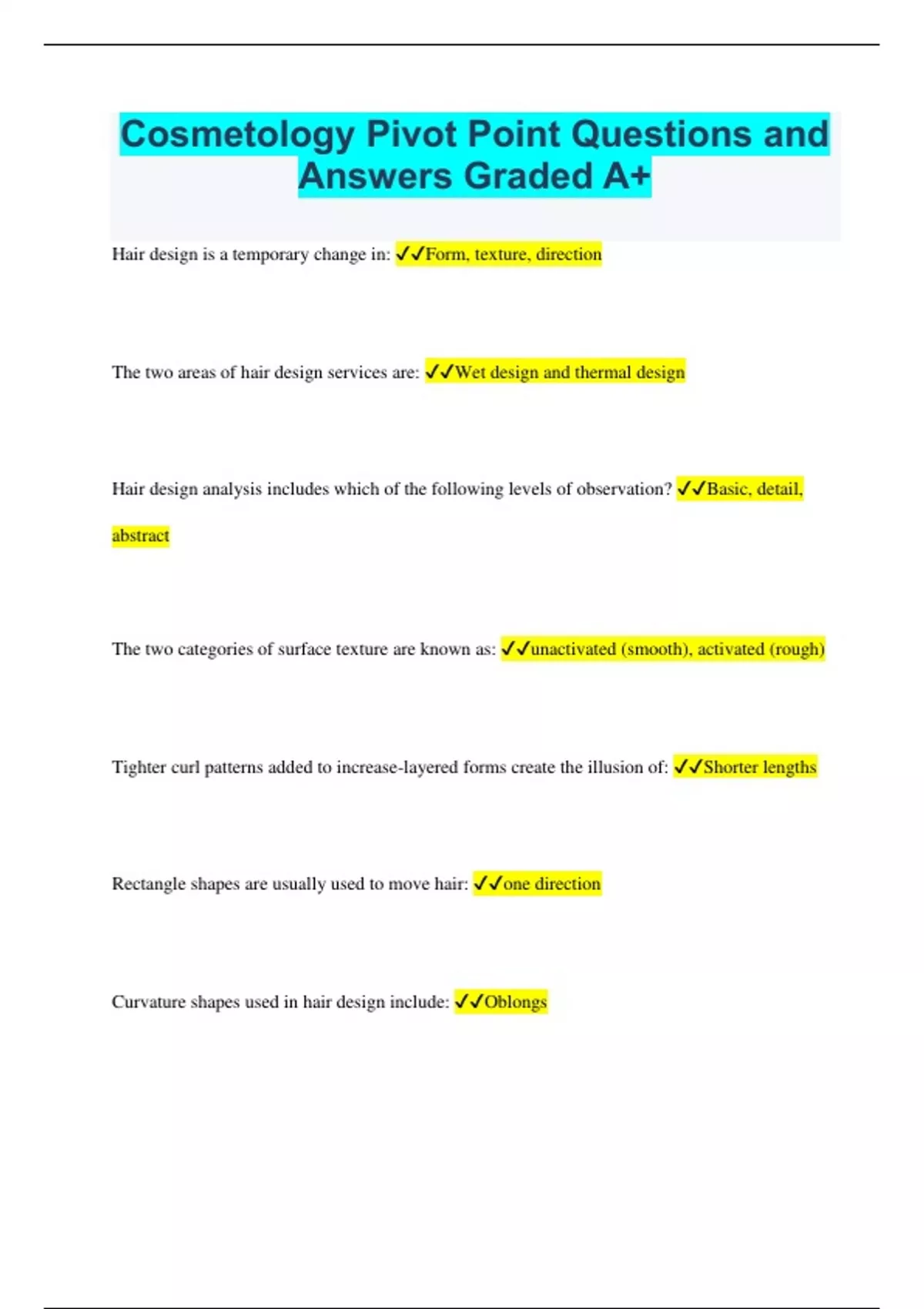 Cosmetology Pivot Point Questions and Answers Graded A+ - Cosmetology Pivot Point - Stuvia US