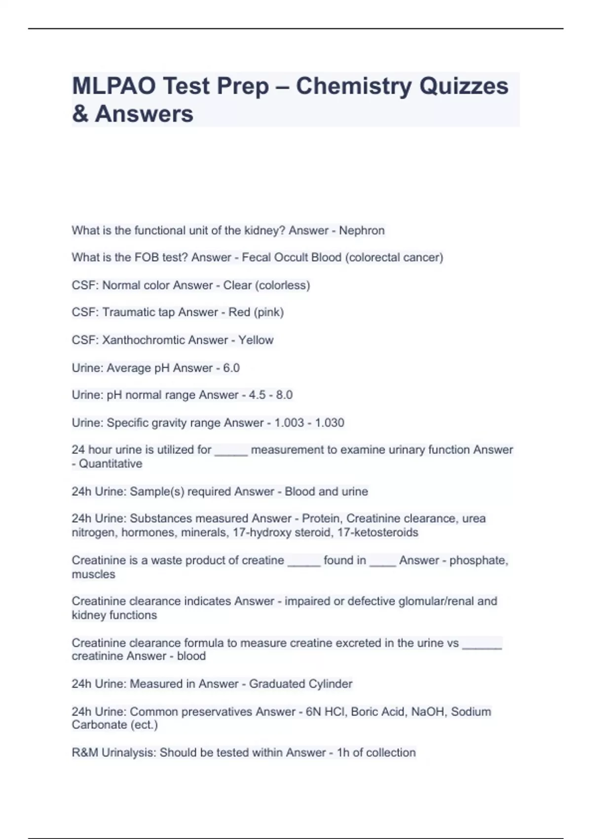 MLPAO Test Prep – Chemistry Quizzes & Answers - MLPAO - Stuvia US