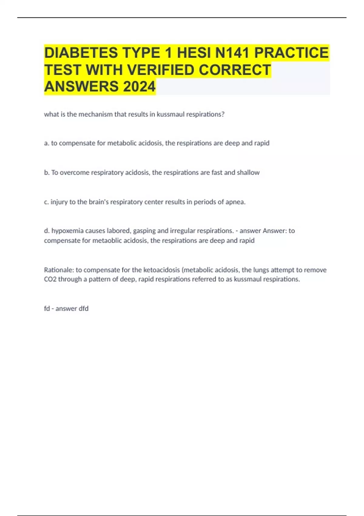 DIABETES TYPE 1 HESI N141 PRACTICE TEST WITH VERIFIED CORRECT ANSWERS ...
