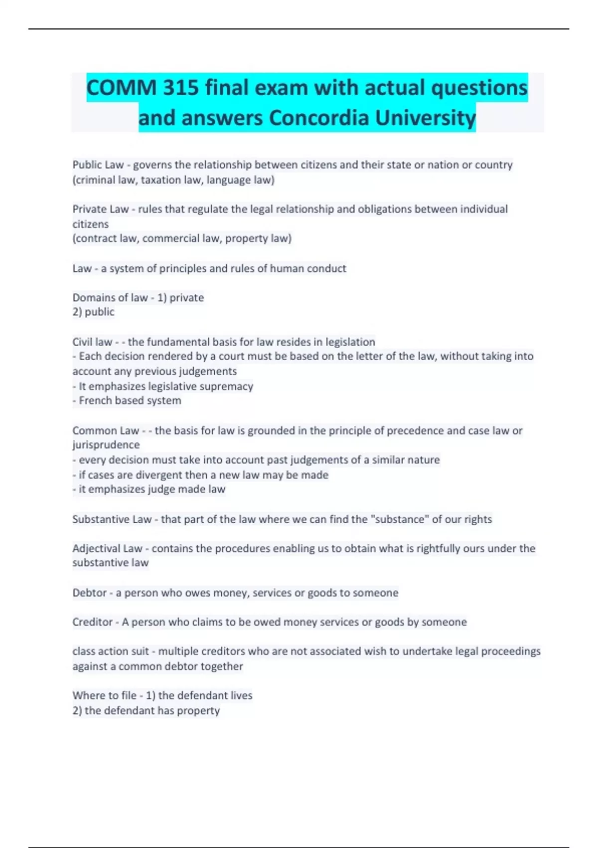 COMM 315 final exam with actual questions and answers Concordia ...