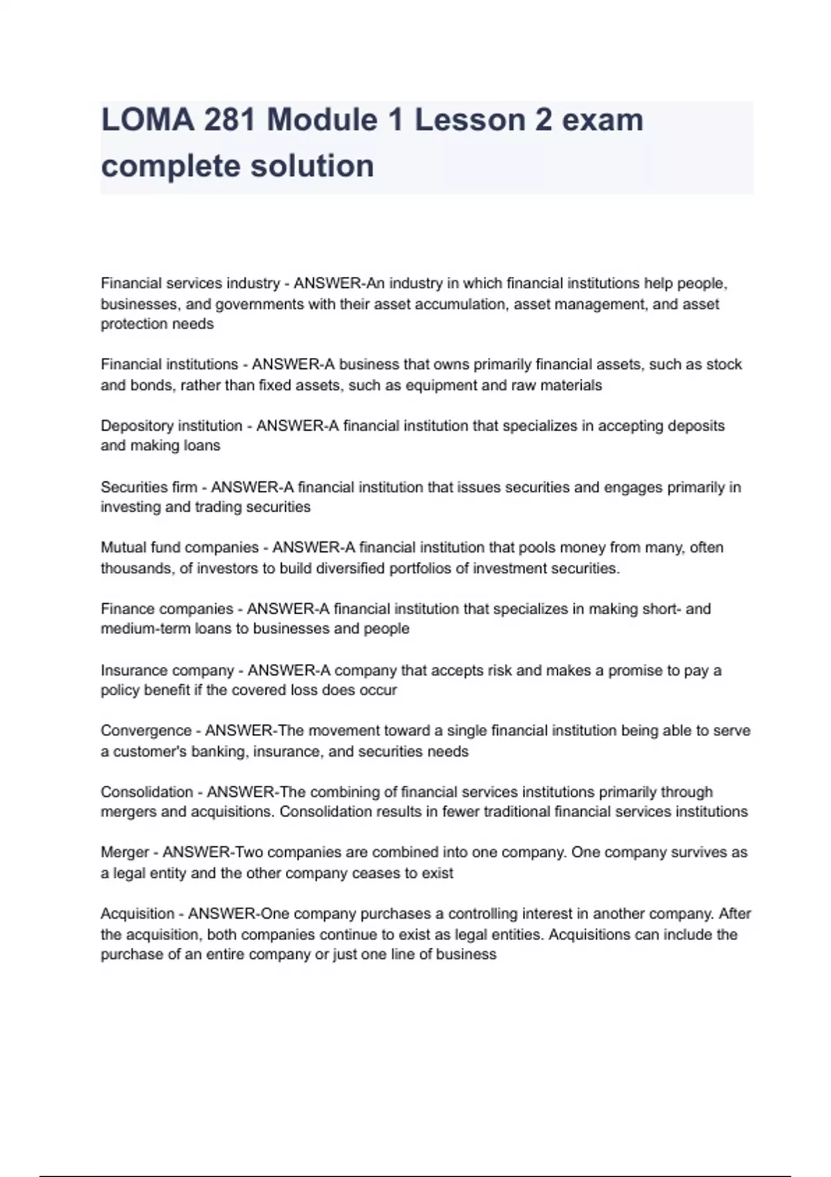 LOMA 281 Module 1 Lesson 2 exam complete solution - LOMA 281 Module 1 Lesson 2 ex complete ...