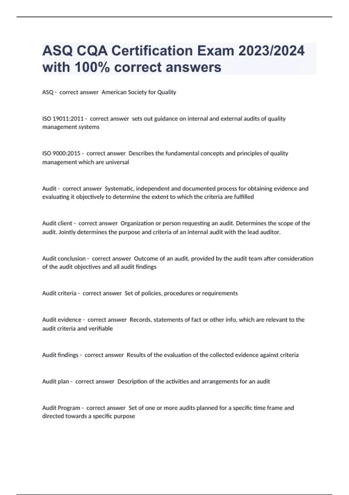 ASQ CQA Certification Exam 2023/2024 with 100% correct answers - ASQ ...