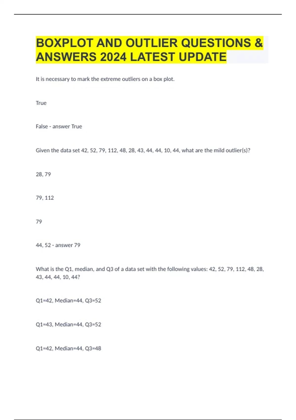 BOXPLOT AND OUTLIER QUESTIONS & ANSWERS 2024 LATEST UPDATE - OUTLIERS ...