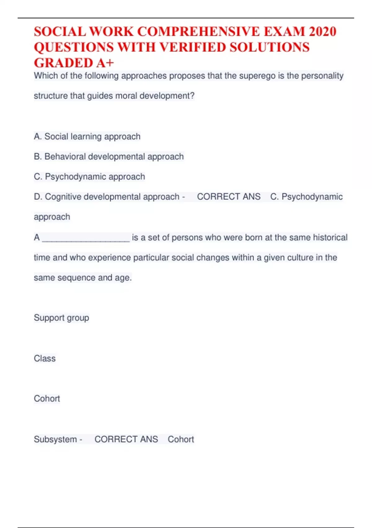 SOCIAL WORK COMPREHENSIVE EXAM 2020 QUESTIONS WITH VERIFIED SOLUTIONS ...