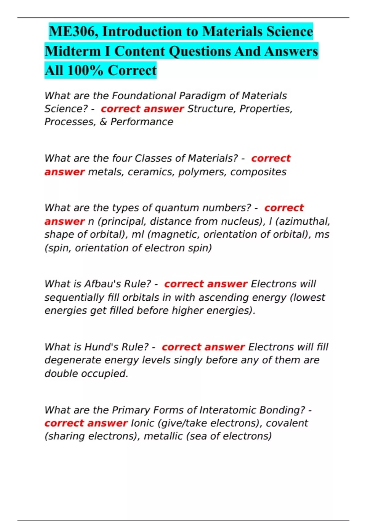 ME306, Introduction to Materials Science Midterm I Content Questions And Answers All 100% ...