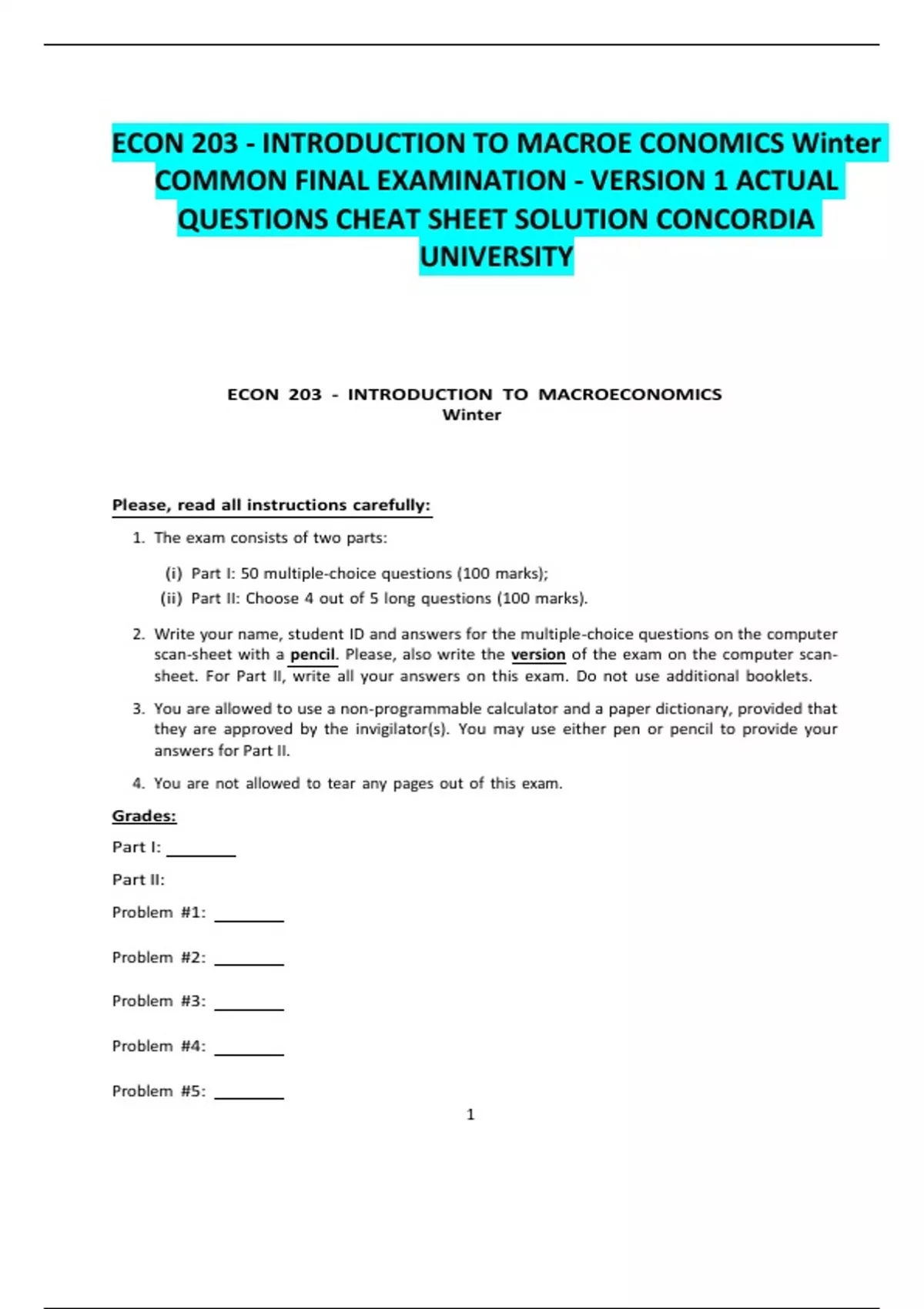 ECON 203 - INTRODUCTION TO MACROE CONOMICS Winter COMMON FINAL EXAMINATION - VERSION 1 ACTUAL ...