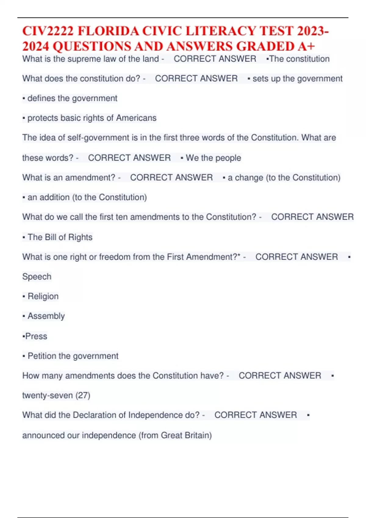 UPDATED 2025/2026 CIV2222 FLORIDA CIVIC LITERACY TEST EXAM| QUESTIONS ...