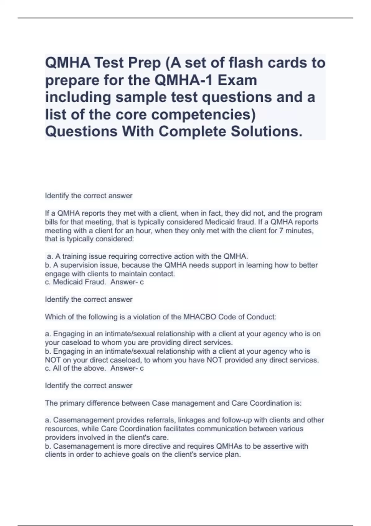 QMHA TEST PREP (A SET OF FLASH CARDS TO PREPARE FOR THE QMHA-1 EXAM ...