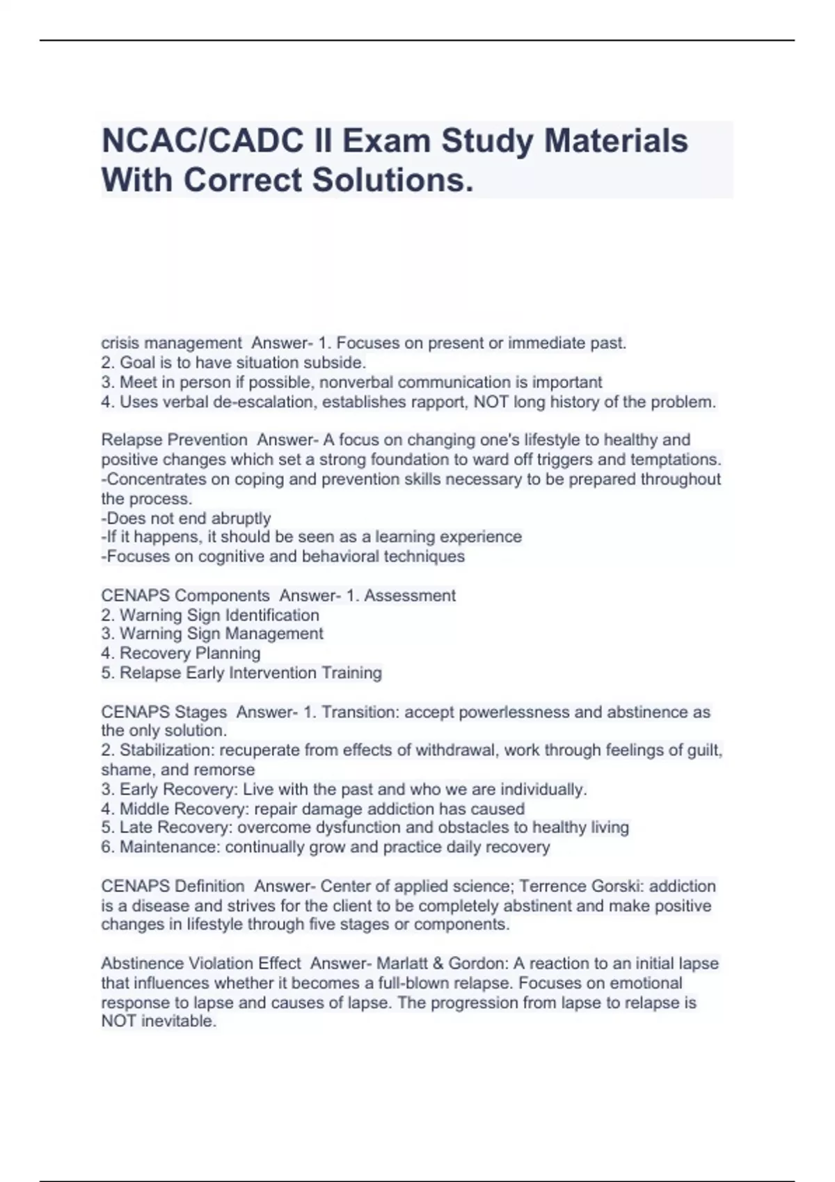 NCAC/CADC II Exam Study Materials With Correct Solutions. - NCAC/CADC II - Stuvia US