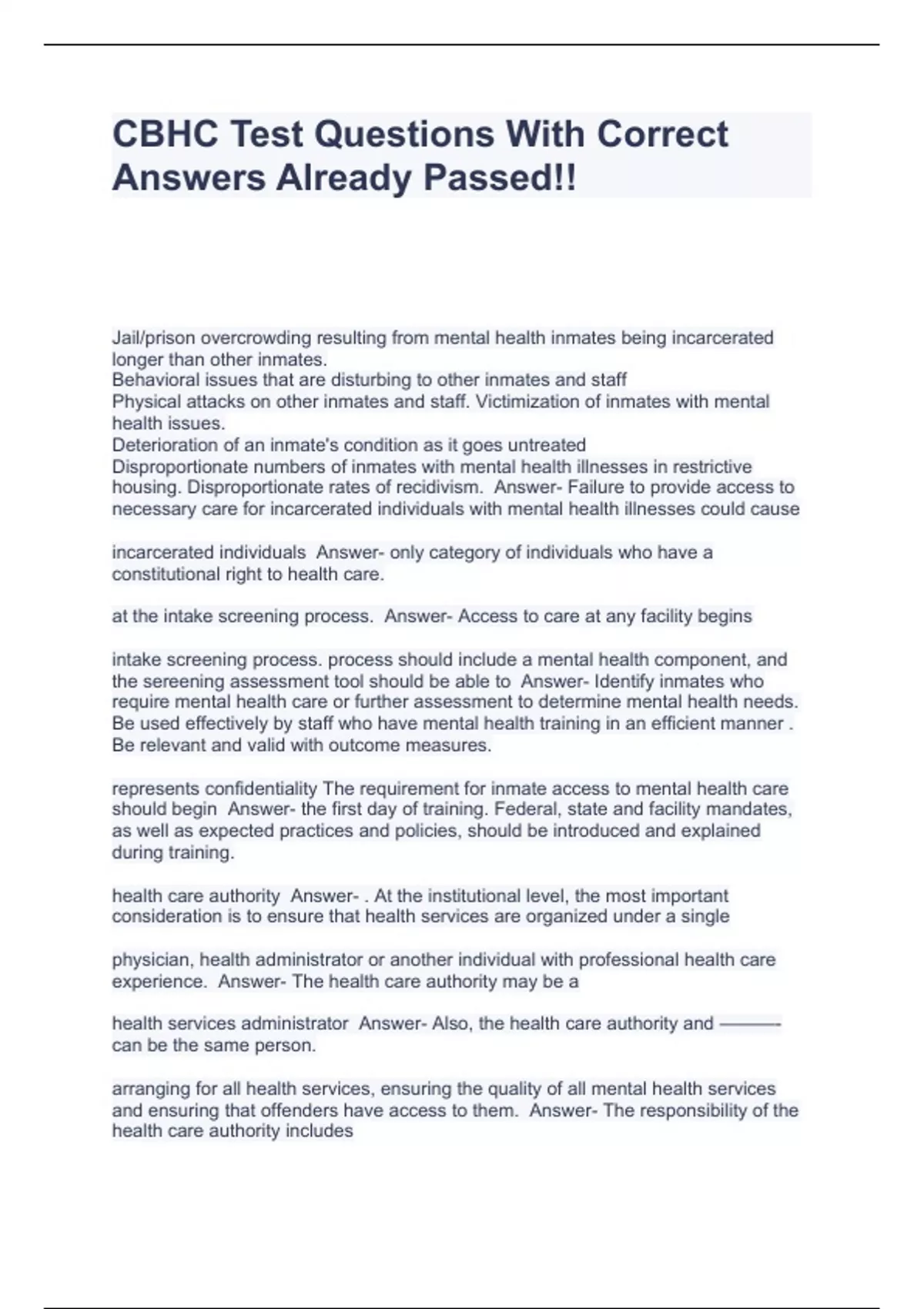 CBHC Test Questions With Correct Answers Already Passed!! - CBHC ...