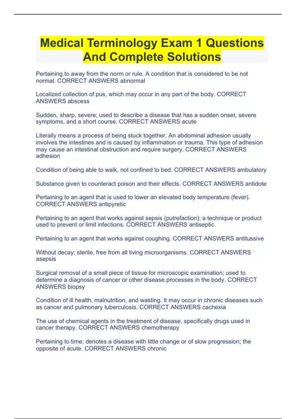 Medical Terminology Exam 1 Questions And Complete Solutions - Medical ...