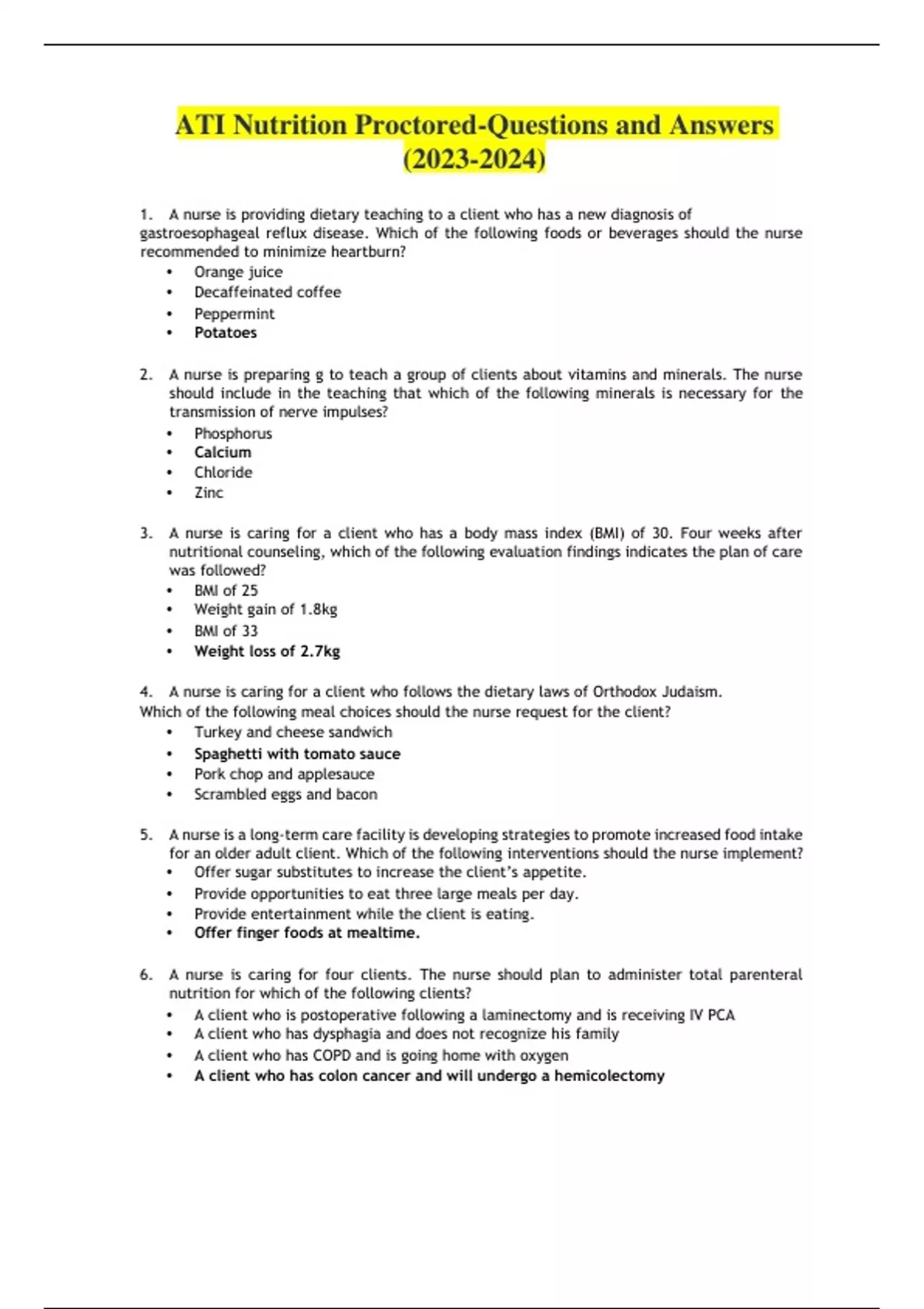ATI Nutrition Proctored-Questions and Answers () - ATI Nutrition ...