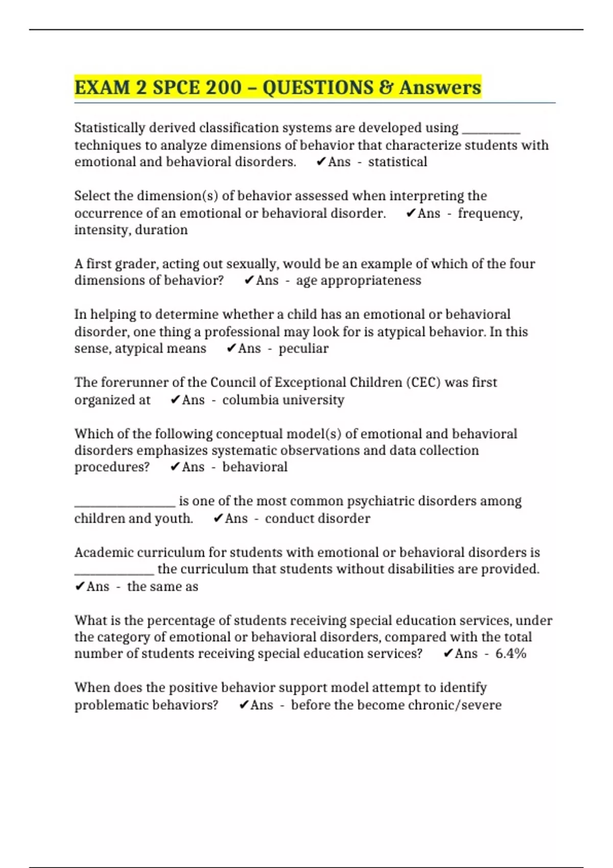 EXAM 2 SPCE 200 – QUESTIONS & Answers - SPCE 200 - Stuvia US