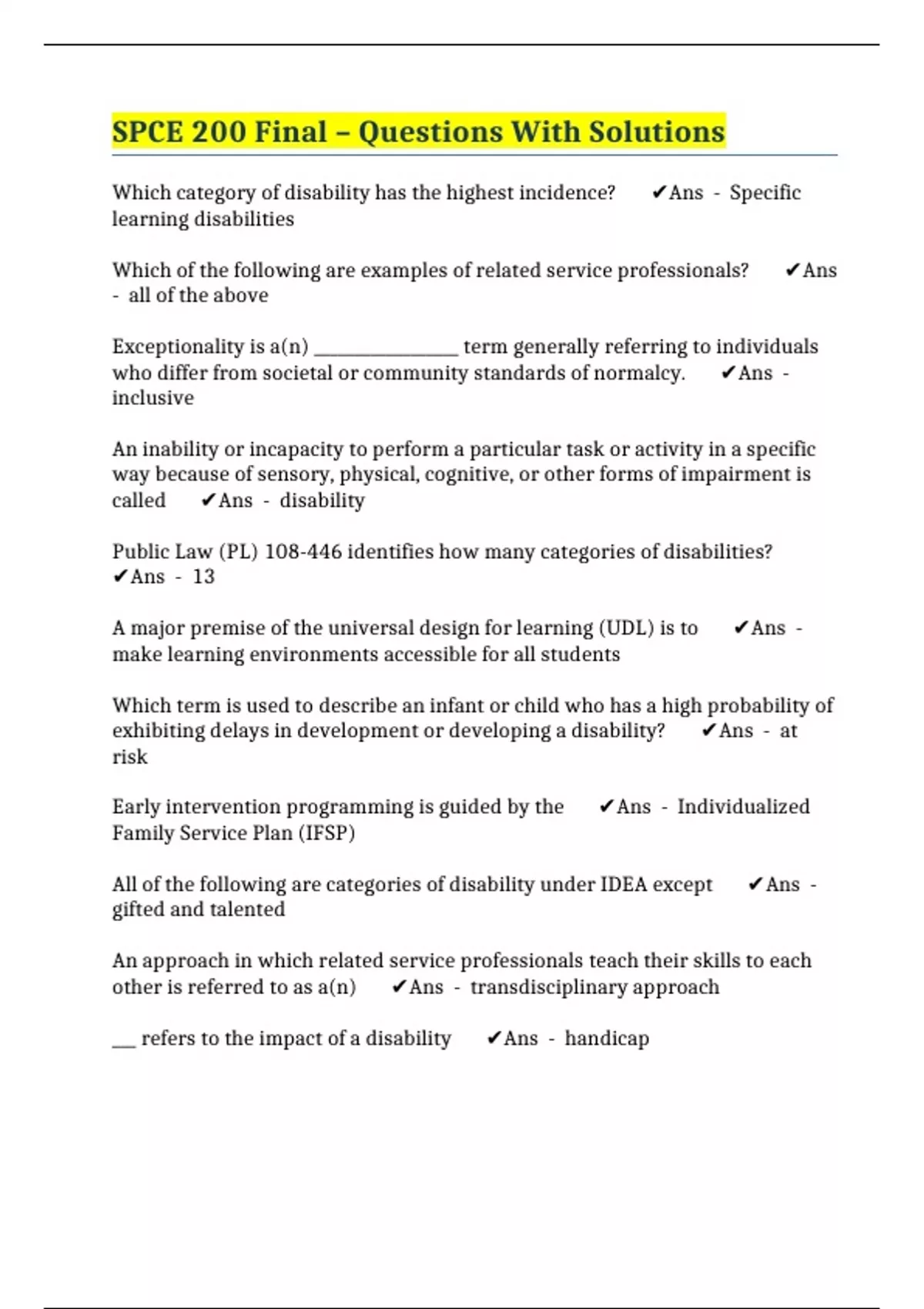 SPCE 200 Final – Questions With Solutions - SPCE 200 - Stuvia US