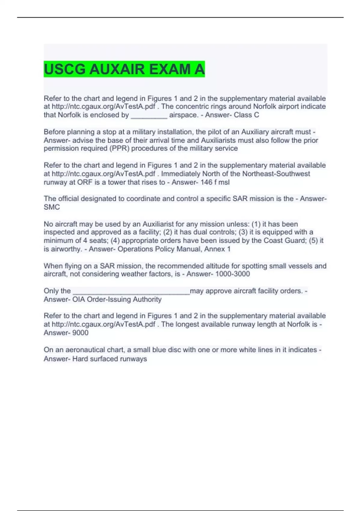 USCG AUXAIR EXAM A QUESTIONS WITH CORRECT ANSWERS - USCG AUXAIR - Stuvia US